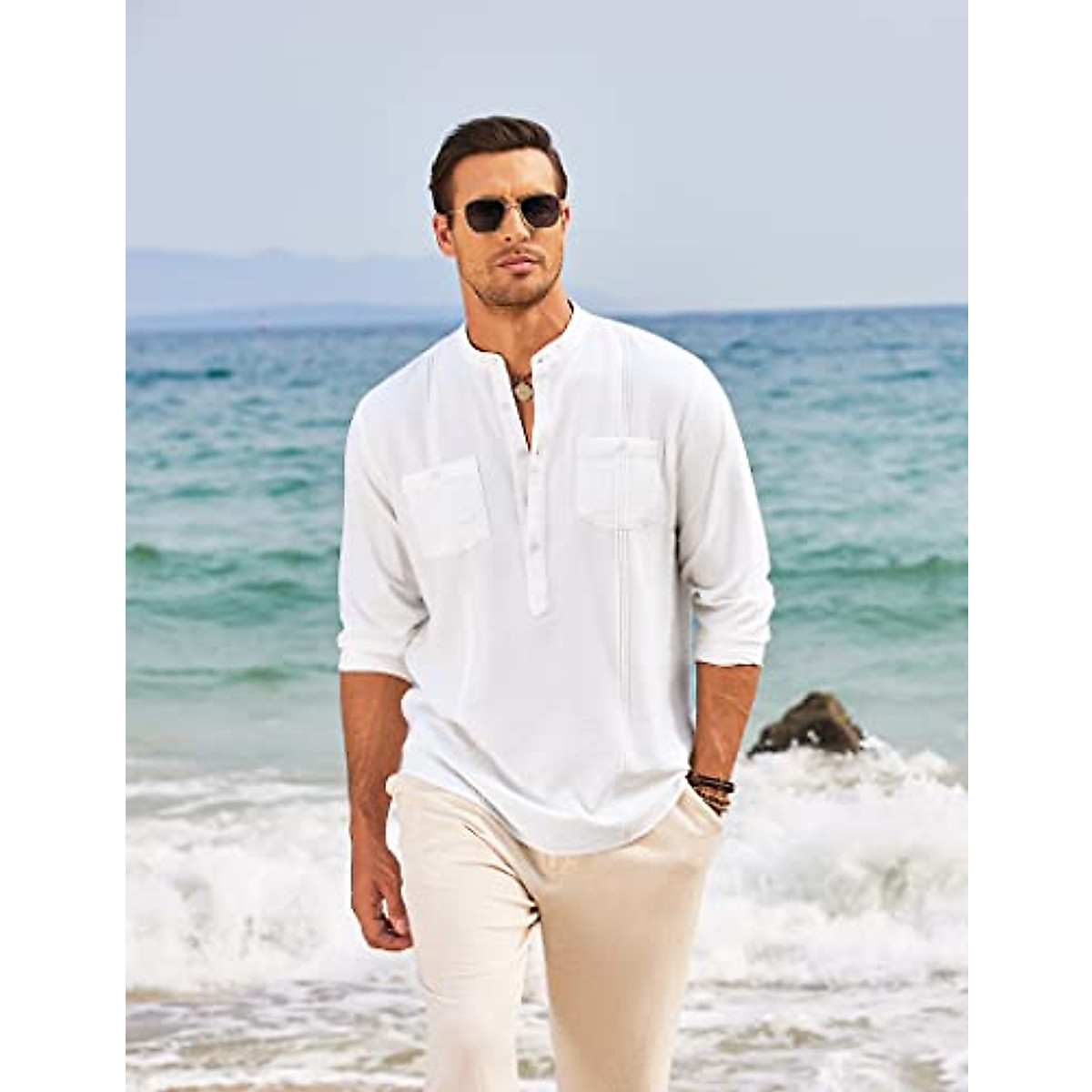 COOFANDY Men's Linen Henley Shirt Long Sleeve Casual Hippie Cotton Beach T Shirts White