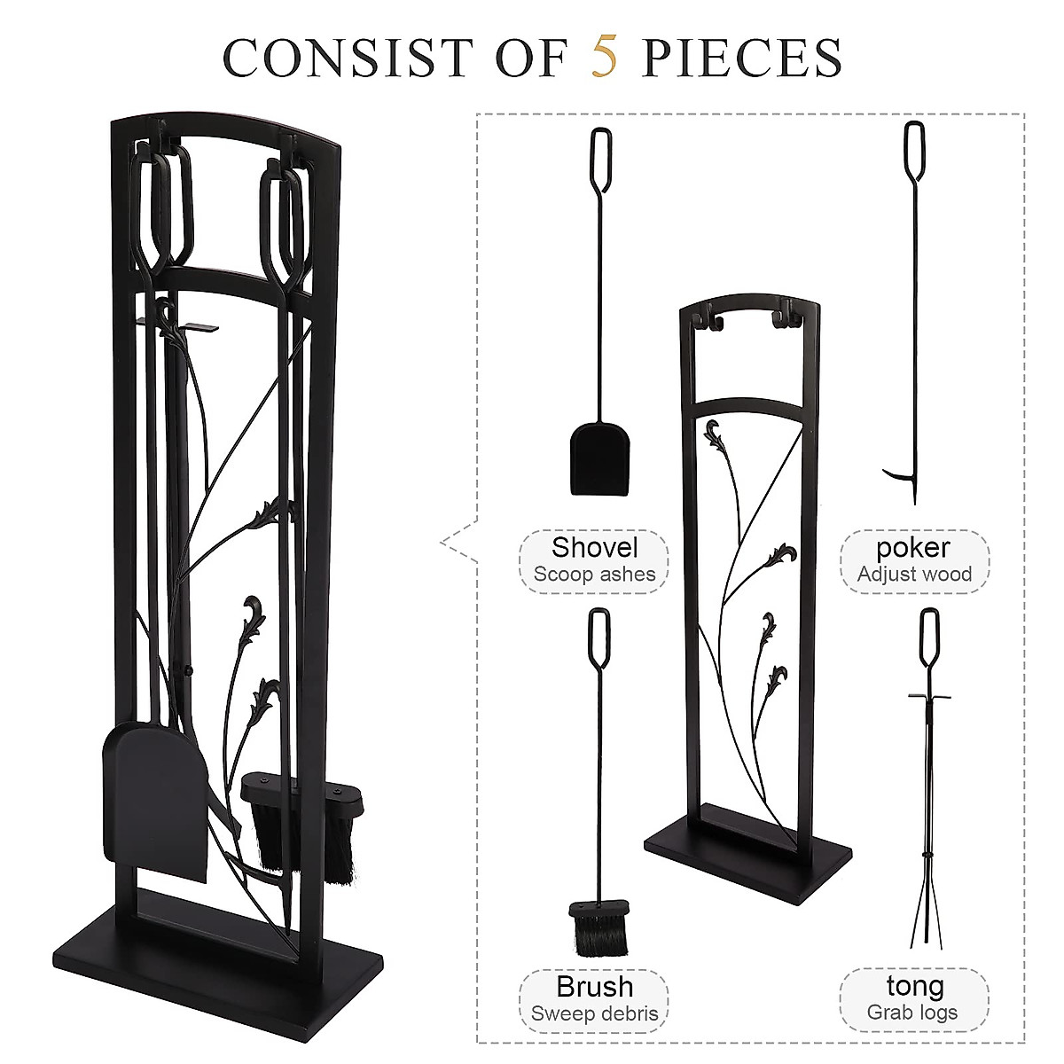 Harmiden 5 Pieces Fireplace Tools Set Indoor Fire Place Accessories Hearth Wood Stove Outdoor Fire Pit Tool Set