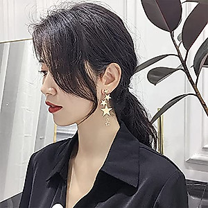 18k Gold Star Long Tassel Dangle Earrings for Women Shooting Star Earrings Meteor Lucky Star Pearl Drop Earrings Jewelry (Gold)