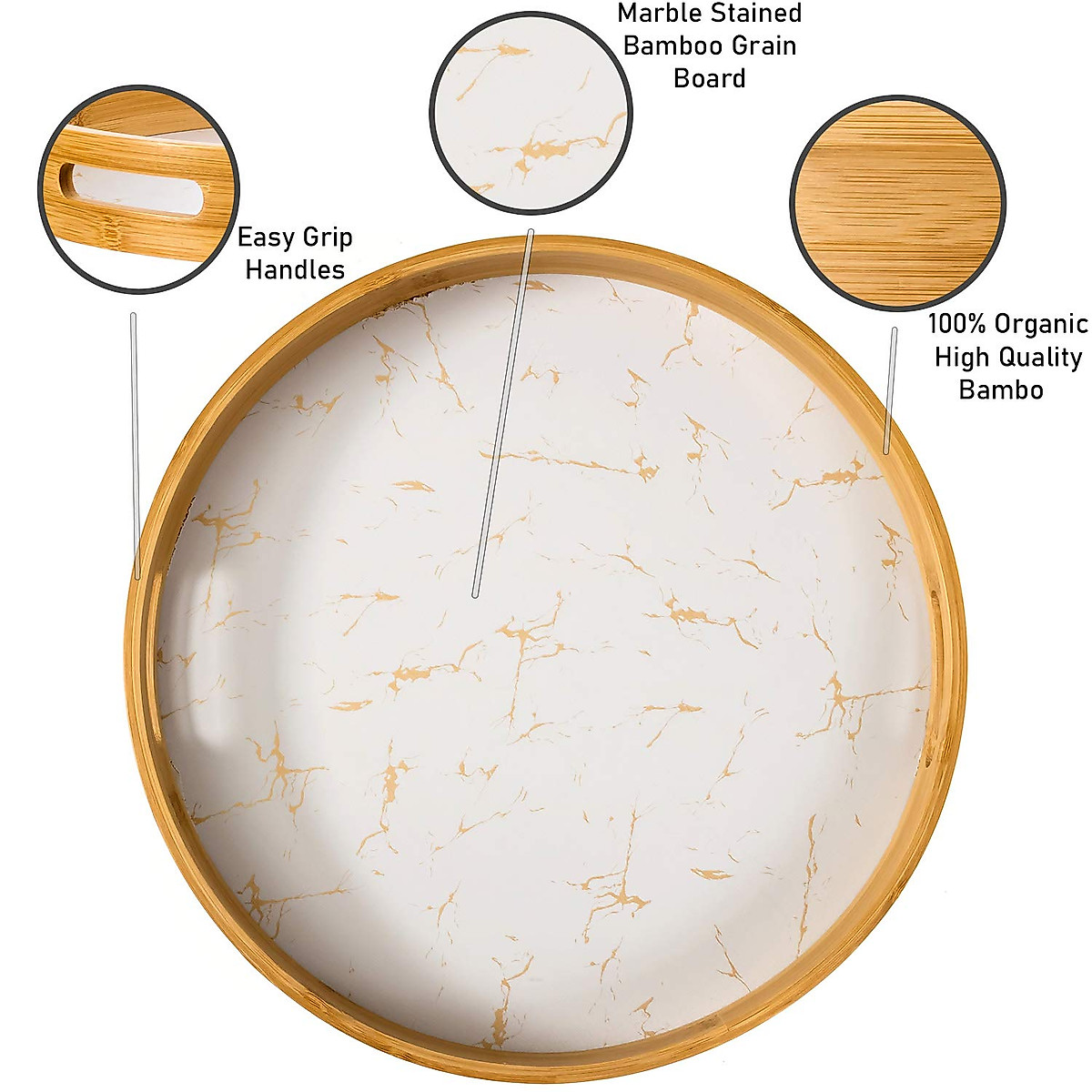 20 Bowls Large Round Bamboo Serving Tray, 16" White, Handles for Easy Transport