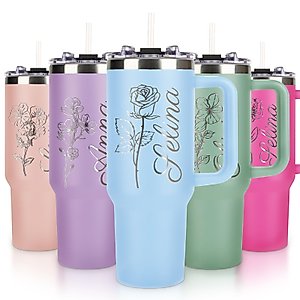 Personalized 40 Oz Tumbler with Handle and Straw - Custom Bridesmaids Gifts Gifts with Name and Birth Flower - Personalized Tumbler Travel Coffee Mug - Bridesmaid Gifts for Wedding Day