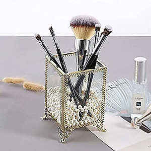 Makeup Brush Holder Vintage Glass Handmade Organizer with White Pearls for Nail Brush, Vanity, Bathroom, Dresser, Countertop - Gold