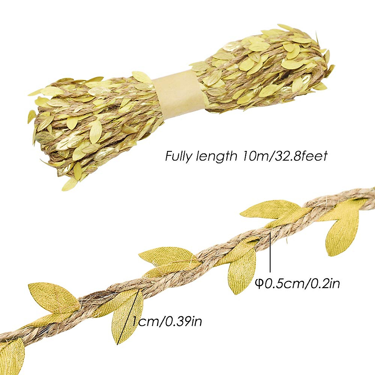 YuCool 3 Rolls 98 Feet 5MM Gold Burlap Leaf Ribbon, with Artificial Green Leaves Braided Decorated Vine for Jungle Party Wedding Garden Home Decor