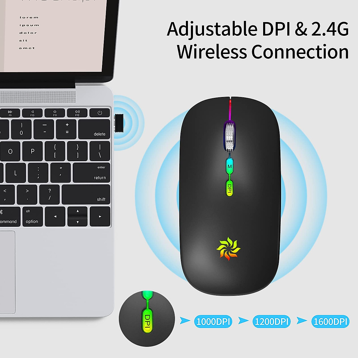 KBCASE LED Wireless Mouse Slim Silent Mouse 2.4G Rechargeable Wireless Computer Mouse Wireless Mouse for Laptop, MacBook, iPad, Chromebook, with USB & Type-c Receiver