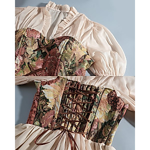 LTAKK Renaissance Dress Women Medieval Costume Victorian Ren Fair Dresses with Floral Corset, Beige, Large