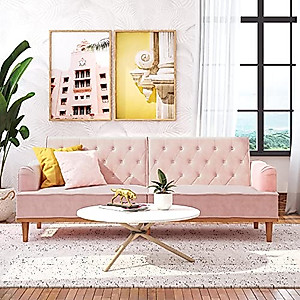Mr. Kate Stella 80 Inch Futon Sofa Bed in Velvet Fabric, Modern Upholstered Couch Sleeper with Button Tufted Back and Wood Trim, Pink