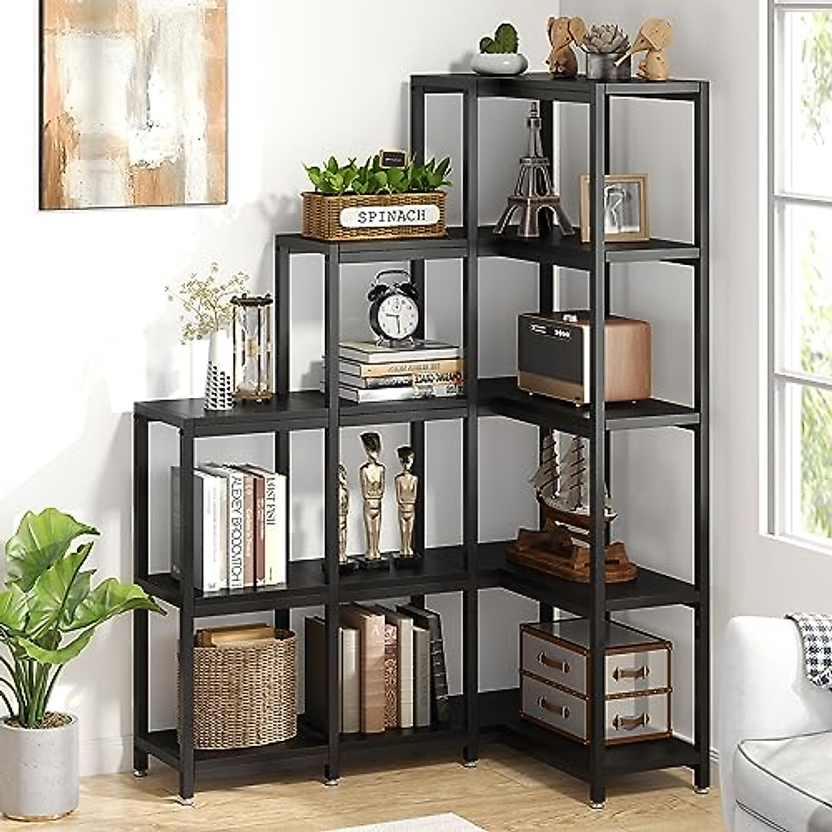 Tribesigns 5-Tier Corner Bookshelf, 63” Tall Modern L-Shaped Bookshelf Corner Bookcase, 17 Shelves Black Stepped Bookcase Display Rack Storage Shelf for Living Room Home Office (Black)