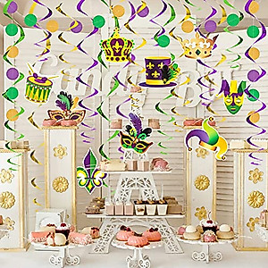 Mardi Gras Hanging Decorations - Mardi Gras Garland Crown Mask Sign for Masquerade Party Decorations Gold Green Purple Foil Swirl New Orleans Celebration Mardi Gras Party Supplies