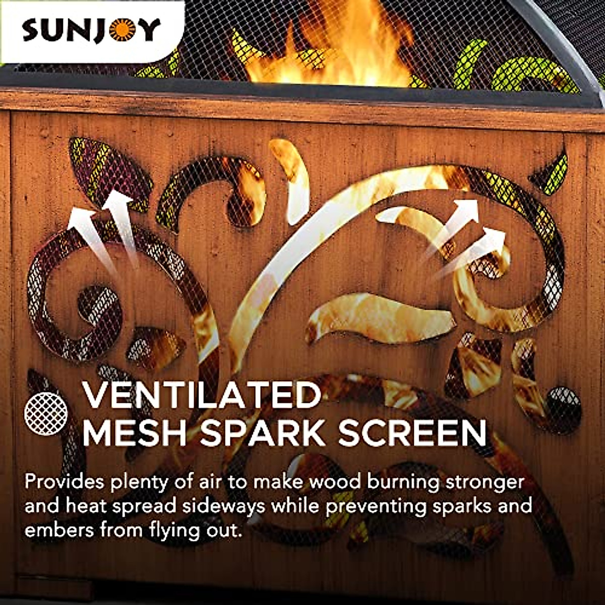 Sunjoy 26 in. Fire Pit for Outside, Patio Square Wood Burning Extra Deep Firepits with Spark Screen and Poker, Copper