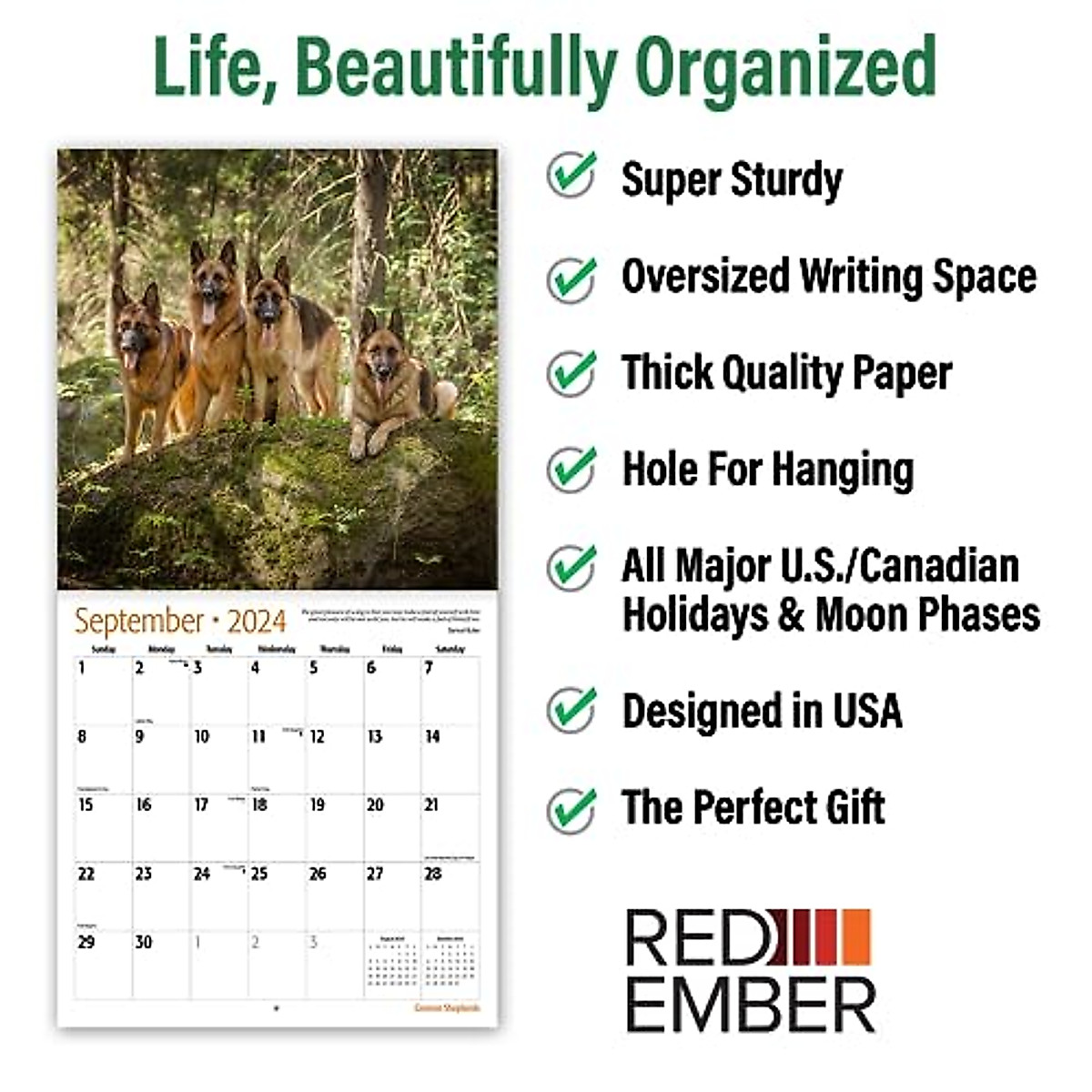 RED EMBER German Shepherds 2024 Wall Calendar 12 Month | 12" x 24" Open | Thick & Sturdy Paper | Giftable | Calendar 2024