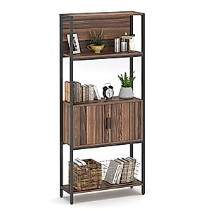 CharaVector 5-Tier Bookshelf with Doors,Tall Bookshelf with Cabinet, Rustic Wood Bookshelf for Bedroom, Industrial Bookcase for Living Room, Home Office, Walnut Brown