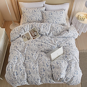 3 Pieces Duvet Cover Queen Size White Bedding Duvet Cover with Blue Floral Print,Soft Cotton Coquette Bedding Comforter Cover Boho Style,Aesthetic Queen Bedding Set with Zipper Closure 4 Ties