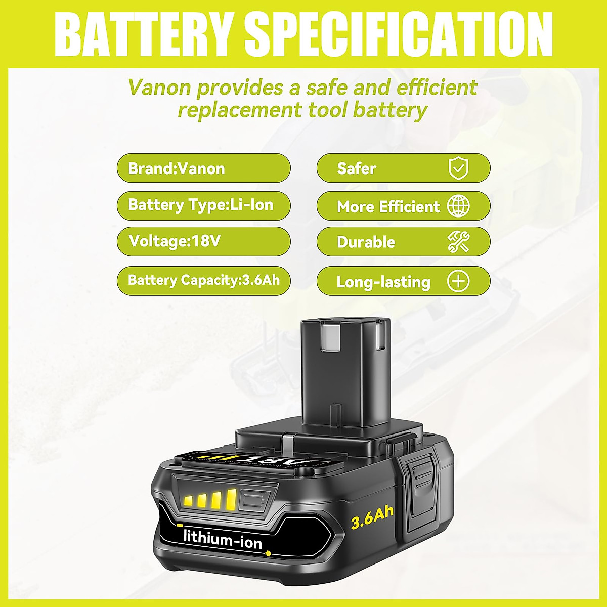 VANON Replacement for Ryobi 18V Battery 3.6Ah Lithium ion 18 Volt Batteries Replacement for Ryobi 18V Cordless Tools P102 P107 P105 P104 P103 P108 2Pack.