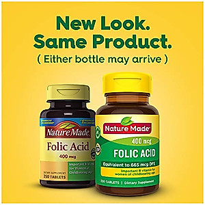 Nature Made Folic Acid 400 mcg (665 mcg DFE), Dietary Supplement for Nervous System Function, 250 Tablets, 250 Day Supply