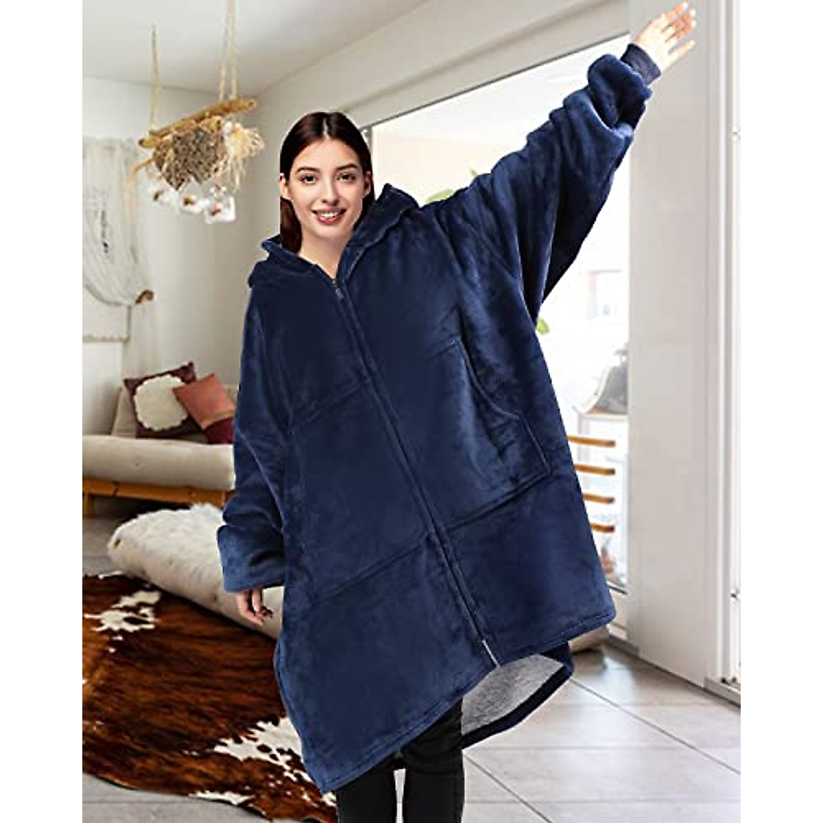 Wearable Blanket Hoodie for Adult Women Men - Oversized Hooded Blanket Sweatshirt with Giant Pocket and Elastic Sleeve (Navy Blue-Long)