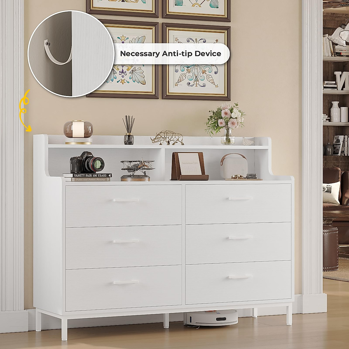 Hasuit White Dresser for Bedroom with 6 Drawers and Storage Shelves, Wide Chest of Drawers with Sturdy Steel Legs, Large Wooden Storage Tower Dresser Organizer, Dresser for Bedroom, Clost, Entryway