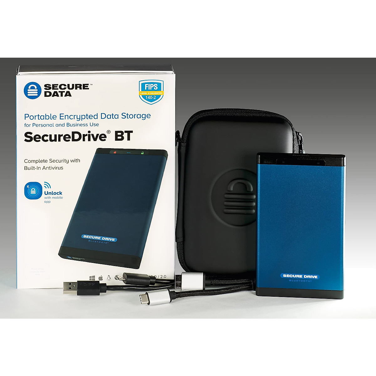 SecureData SecureDrive BT 2TB SSD Hardware Encrypted USB 3.0 Ext Drive FIPS 140-2 Level 3 Unlock via Phone app TAA Compliant, CJIS, HIPAA, CMMC, GDPR Compliant, Works with Mac and Win Free AV