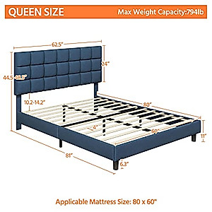 Yaheetech Queen Size Upholstered Platform Bed, Mattress Foundation with Height Adjustable Tufted Headboard and Wood Slat Support, No Box Spring Needed, Easy Assembly, Navy Blue