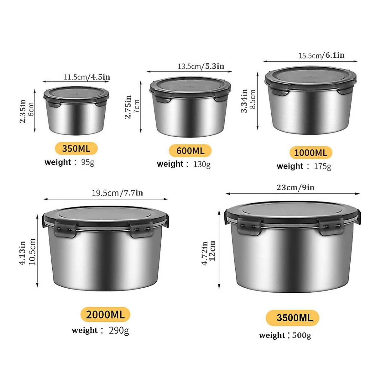 GRFELI Stainless Steel Food Containers with Lids, Set of 5 Meal Prep Container Reusable Metal Food Storage Bento Lunch Box for Kitchen Picnic, BPA Free,67oz,118oz)