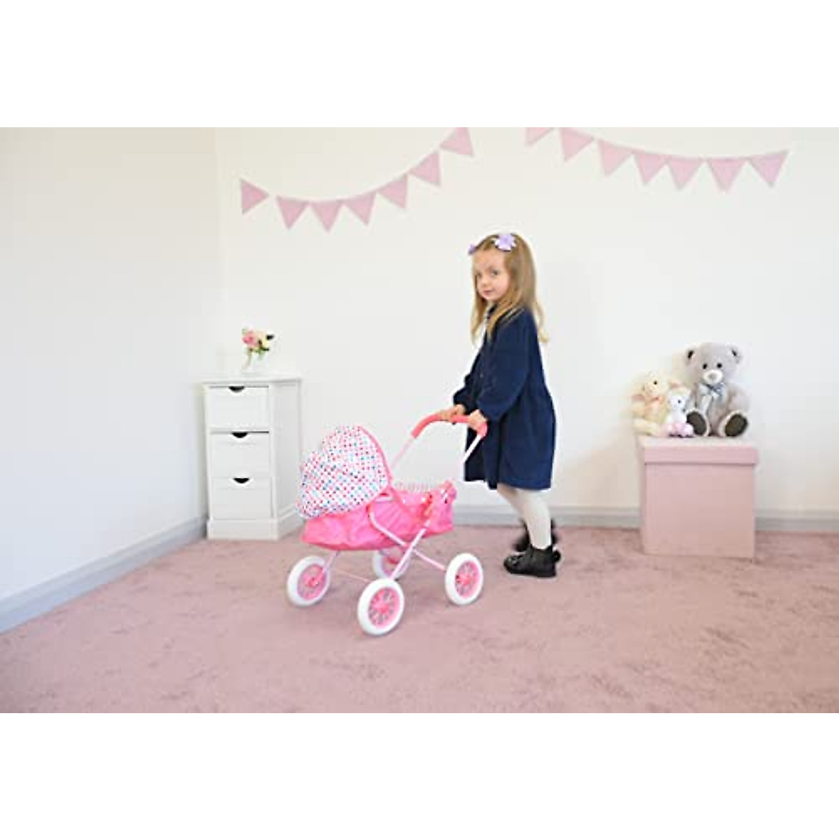 KOOKAMUNGA KIDS Baby Doll Stroller - Realistic 2 in 1 Baby Stroller for Dolls w/Detachable Bassinet – Toy Pram w/Carry Cot, Retractable Canopy & Soft Grip Handle - for Dolls up to 18" - Pink