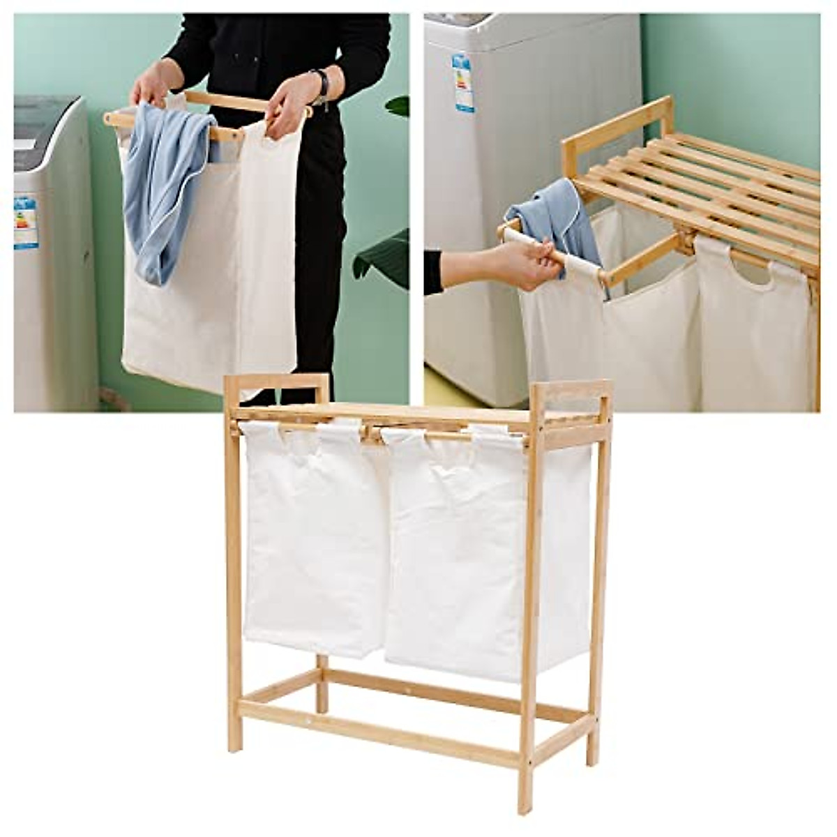 Fetcoi Bamboo Laundry Hamper Basket, 2 Sections Laundry Clothes Hamper Sorter with Removable Sliding Bag Shelf, Laundry Organizer and Storage Cabinet for Bathroom, 25.2 x12.99 x28.74in