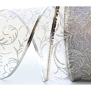 Wire Edged Ribbon Silver Sheer Organza Gift Wrap Ribbon Clearance Metallic Wired Trim & Glitter Decorative White 50 Yards x 2.5 inch Wide 1 Roll Large