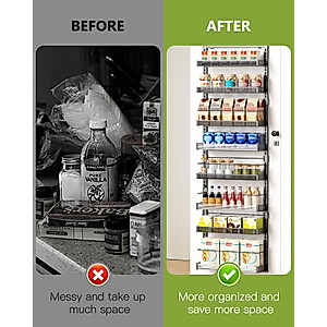 POKIPO 8-Tier Over the Door Pantry Organizer, 2 in 1 Large Door Spice Rack with Adjustable Metal Baskets, Heavy Duty Hanging or Wall Mounted Storage Organizer for Kitchen Pantry and Room Wall