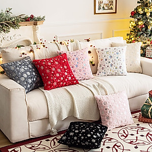 AQOTHES Soft Faux Fur Fuzzy Cute Decorative Throw Pillows Covers with Snowflake Glitter Printed Pillowcases for Christmas Decor Home Bed Room Sofa Chair Couch, Bright Pink 18x18 inch, Pack of 2