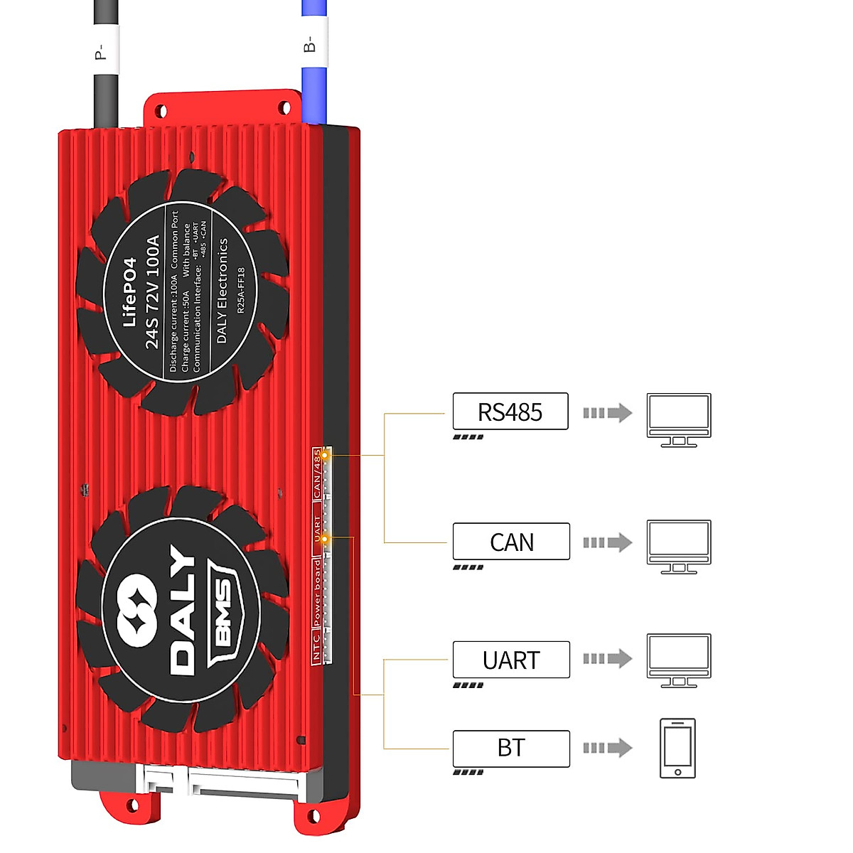 DALY Smart BMS LiFePo4 24S 72V 100A PCB Battery Management System with UART Communication CAN 485 Bluetooth Battery Monitoring Module for 18650 Battery Pack(Smart BMS+RS485+CAN,100A)