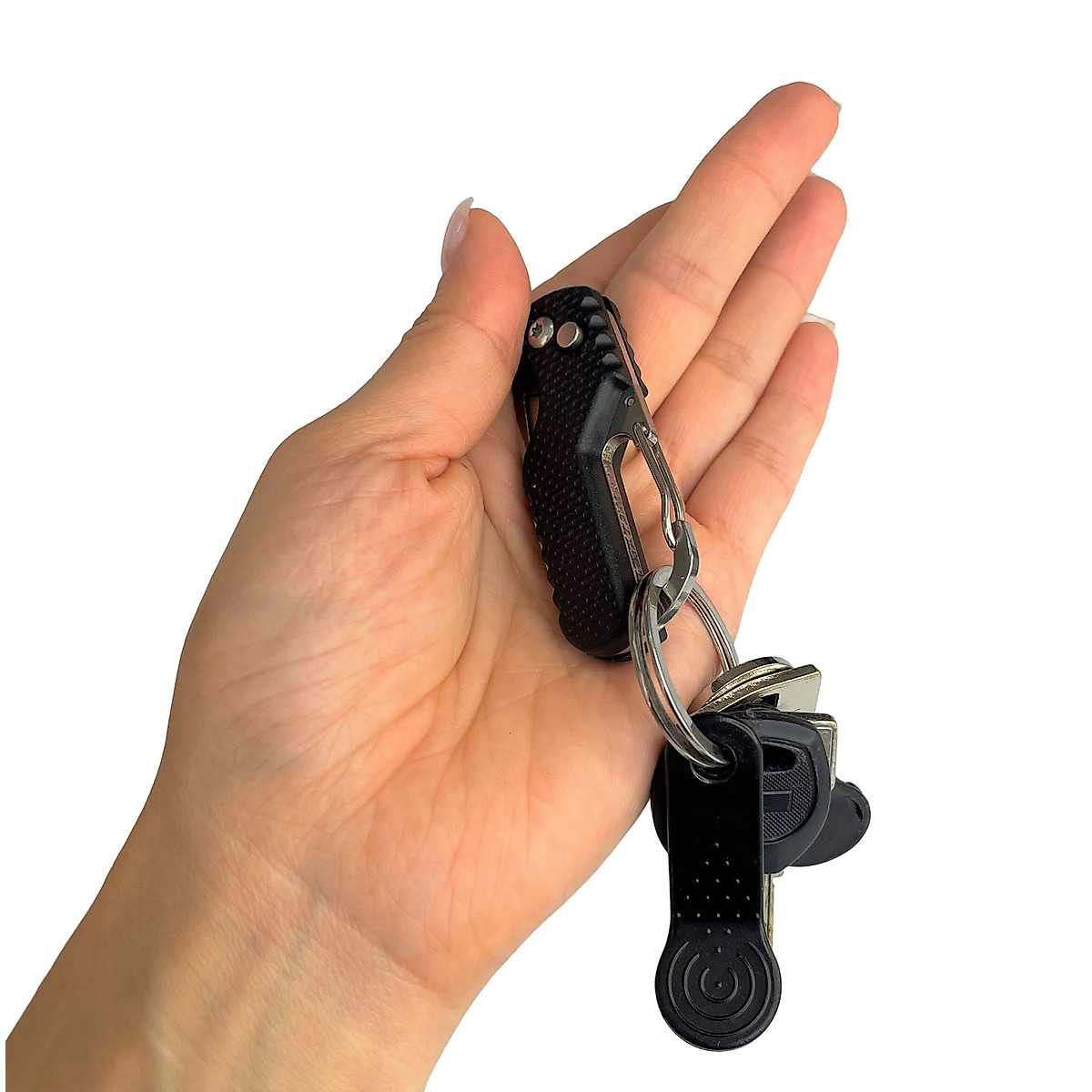 Package opener, Portable Utility Cutter, Small Pocket Box, Seatbelt, Strap Cutter Knife, Razor Sharp Serrated Blade and Paratrooper Hook, Carabiner Keychain, Safe, Survival EDC Folding Tool