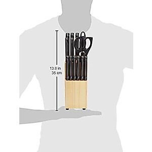 Amazon Basics 14-Piece Kitchen Knife Set with High-Carbon Stainless-Steel Blades and Pine Wood Block, Black