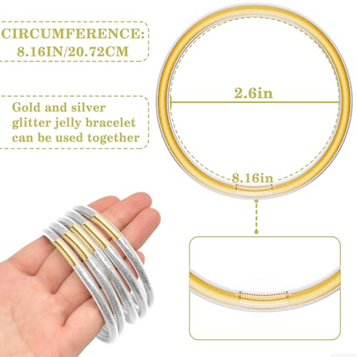 10 Pack Silver Elegant Soft Silicone Glitter Filled Jelly Bracelet Idea Gift for Ladies(5 Gold, 5 Silver)