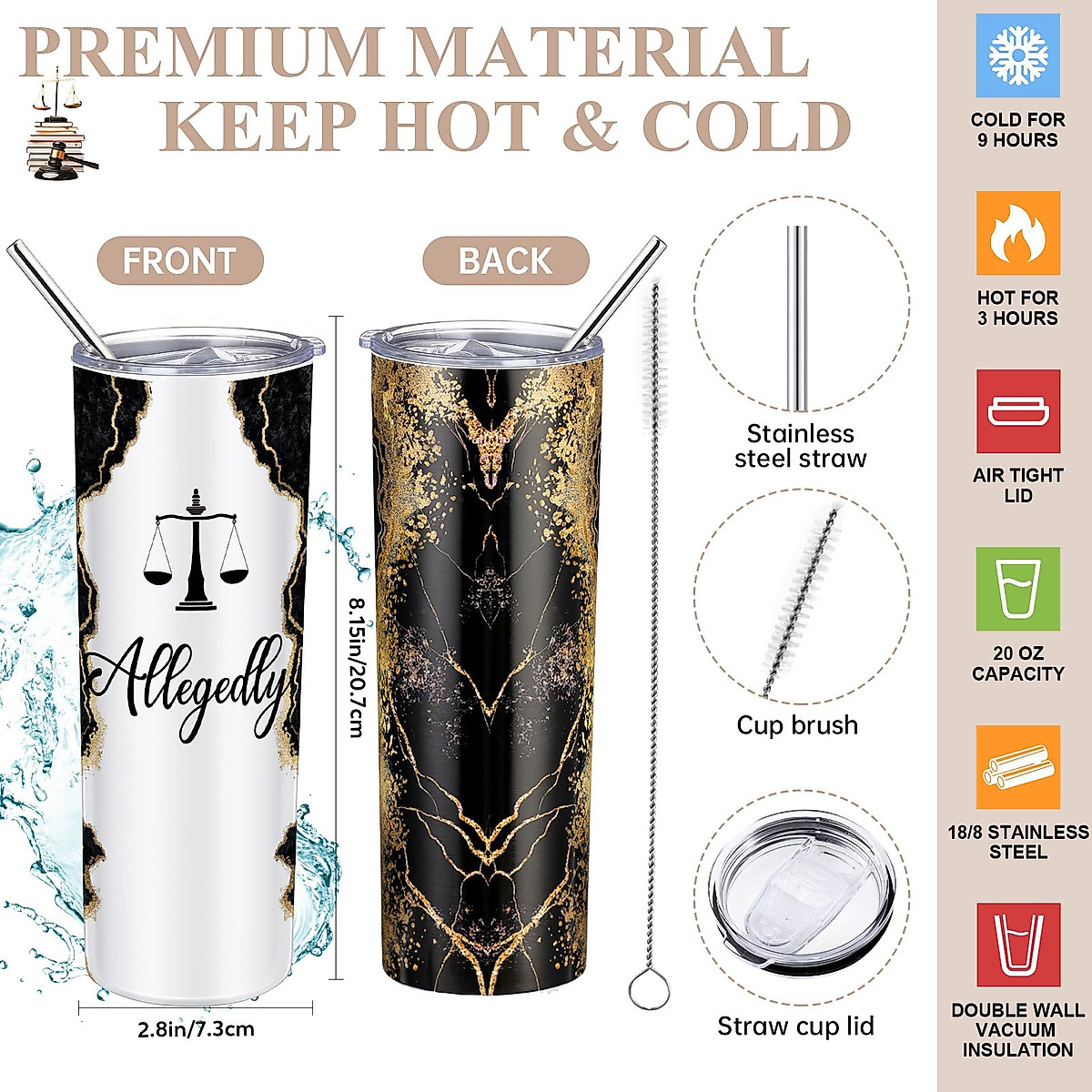 Domensi 6 Pcs Funny Allegedly Lawyer Gifts Judge Gift Lawyer Appreciation Day Gift 20 oz Marble Sign Tumbler Makeup Bag Notepad Ballpoints for Law Paralegal School College Teacher(Black)