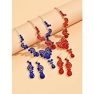 Unicra Bride Wedding Jewelry Sets Crystal Bridal Necklace Earrings Set Rhinestone Choker Necklace Prom Costume Jewelry for Women and Brides (Red)