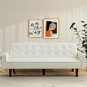 IULULU Futon Sofa Bed, Modern Convertible Faux Leather Sleeper Couch with Armrests for Studio, Office, Apartment, Compact Living, Game Room, Overnight Guests, White