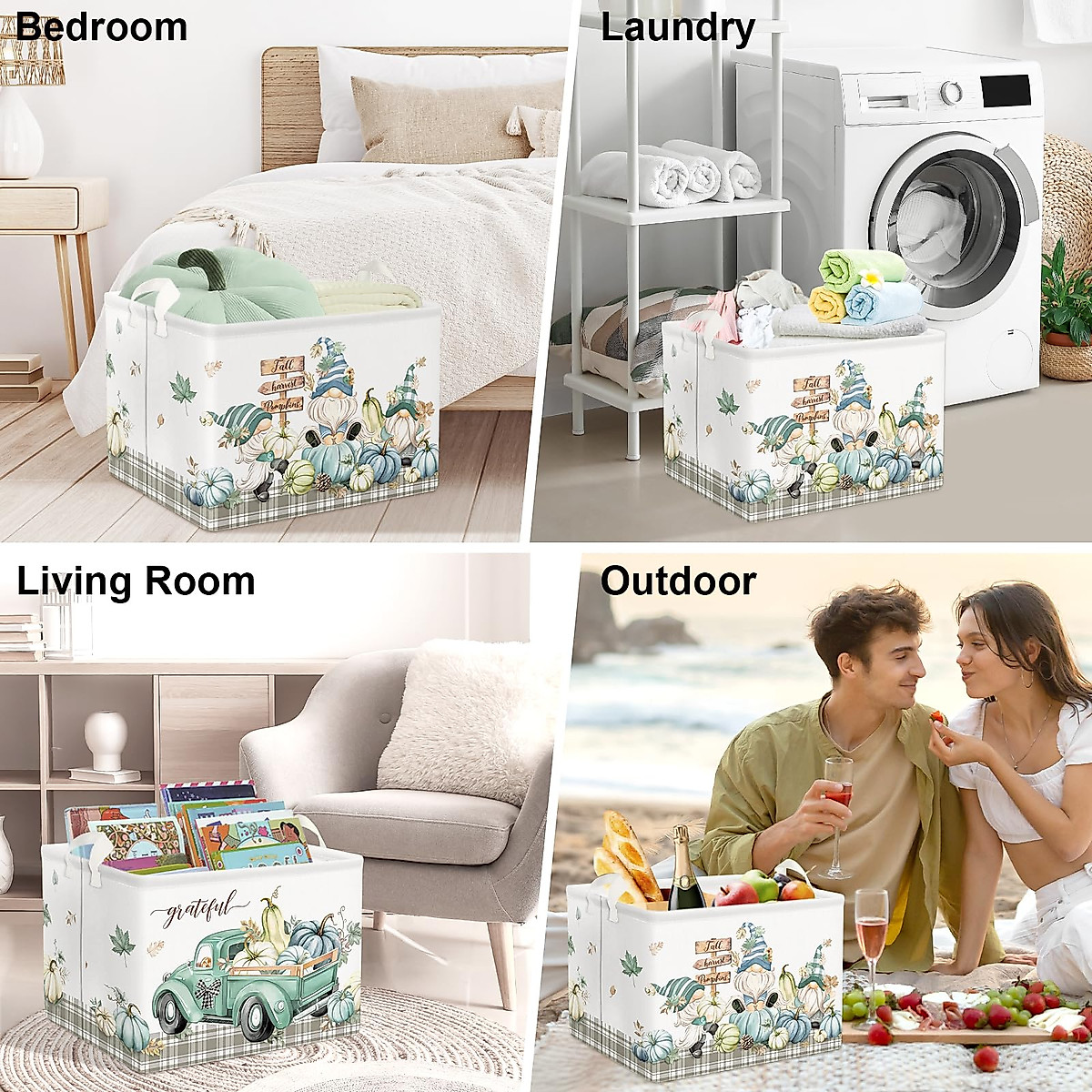 Clastyle Blue Pumpkin Gnome Thanksgiving Basket Harvest Buffalo Plaid Truck Maple Leaf Fall Gift Bin Farm Autumn Shelf Basket for Clothes Toy Book