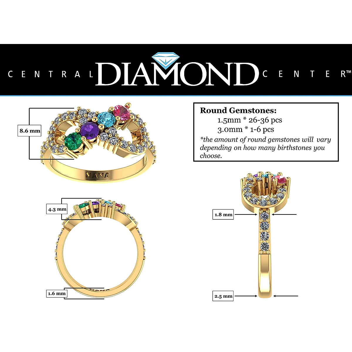 Central Diamond Center Infinity Mothers Ring with 1 to 6 Simulated Birthstones - 10k Yellow - Size 7