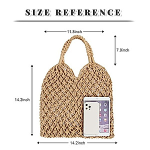Oweisong Women Straw Travel Beach Bag Handmade Woven Fishing Net Handbag Tote Summer Weave Rattan Mesh Shoulder Purse