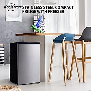 Koolatron Stainless Steel Compact Fridge with Freezer, 4.4 cu ft (124L), Silver and Black, Flat Back, Reversible Door, for Snacks, Frozen Meals, Beverages, Beer, Den, Dorm, Office, Rec Room, Home Bar