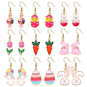 9 Pairs Easter Earrings for Women Enamel Bunny Drop Earrings Cute Rabbit Dangle Earrings Colorful Egg Earring Set Easter Theme Jewelry (9PCS Easter Set)