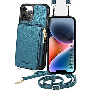 MOTIVE for iPhone 14 Plus Wallet Case Designed in New York, Crossbody Phone Case for Apple iPhone, Zipper Purse Case Wallet with RFID Blocking Card Holder | 6.7" Color Blue Teal - Fancy Series