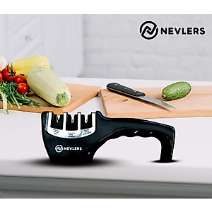 Nevlers 3 in 1 Kitchen Knife Sharpener with Cut Resistant Gloves | Knife Sharpeners for Kitchen Knives Preps, Repairs, Sharpens | Blade Sharpener with Diamond, Ceramic & Tungsten Steel Slots (Black)