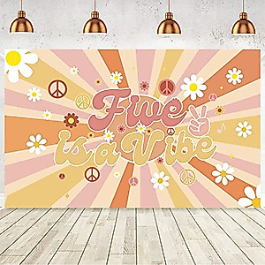 Groovy 5th Birthday Backdrop Banner Five is A Vibe Birthday Backdrop Retro Hippie Boho Girl Birthday Party Decorations Party Supplies Daisy Flower Birthday Photography Background Photo Prop Wall Decor
