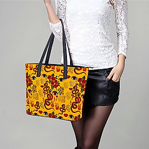 Snakes Lips Eyes Roses Flame Women's Tote Bag PU Leather Shoulder Bag Handbags Purse For Work Shopping Travel