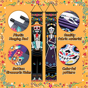 Day of the Dead Banner Decoration, 2 Pieces Dia De Los Muertos Porch Sign Mexico Welcome Hanging Wall Banner for Festival Halloween Indoor Outdoor Events Yard Supplies Decor 11.8 x 70.9 Inch