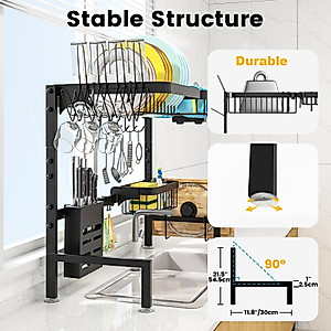 MERRYBOX Over The Sink Dish Drying Rack, 2-Tier Adjustable Length (25.6-33.5in), Stainless Steel Dish Drainer with Cutting Board Holder, Large Dish Rack for Kitchen Counter Organizer Space Saver