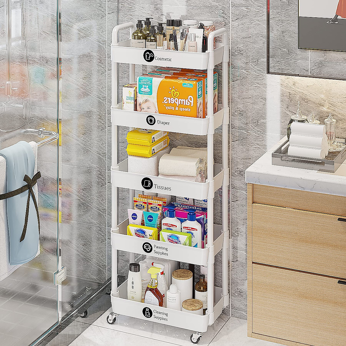 UDEAR 5-Tier Rolling Utility Cart with 12 Category Labels,Multifunctional Storage Shelves with Handle and Lockable Wheels for Room,Office,Kitchen,Bathroom,White