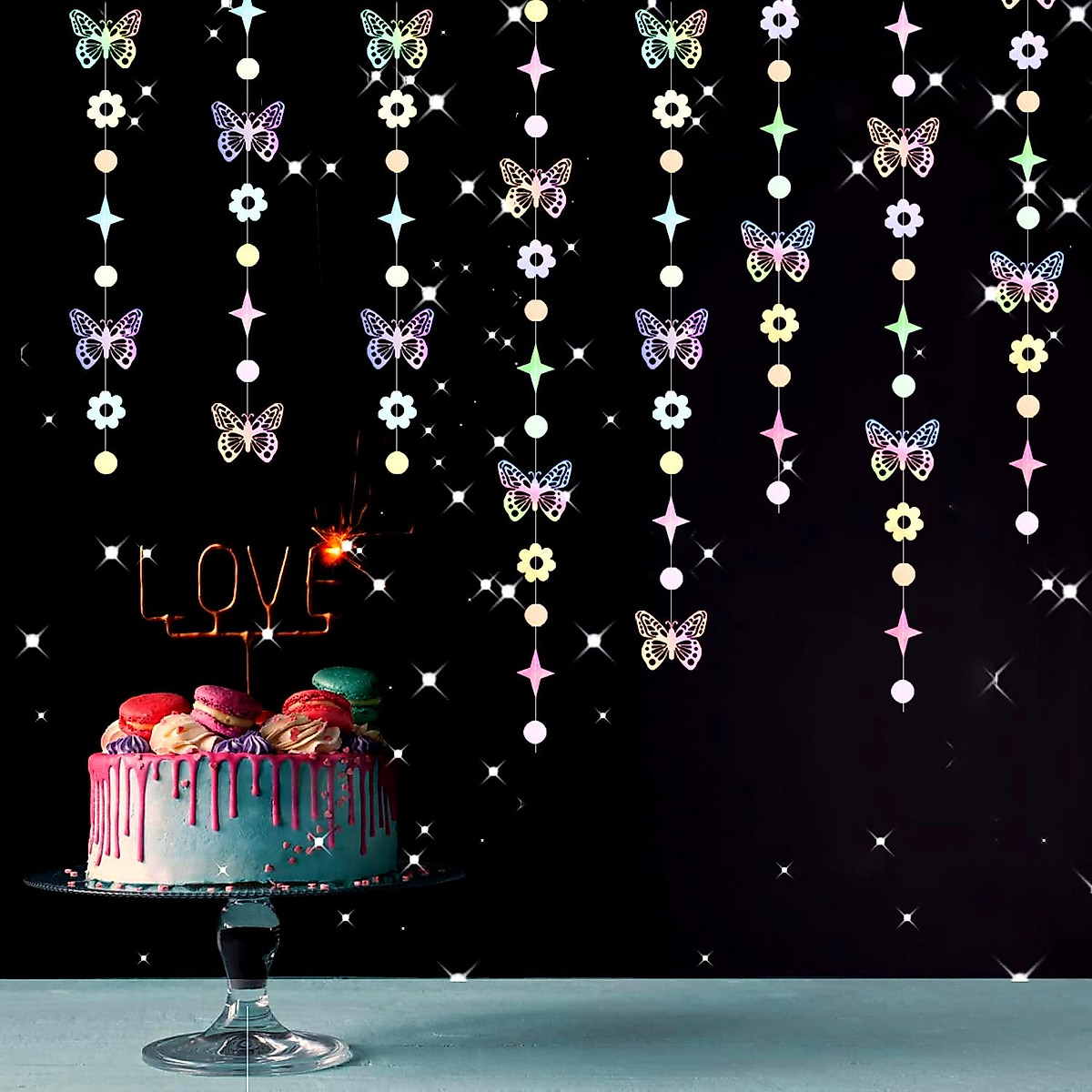 Iridescent Butterfly Girl-Birthday Party-Decorations Garland-Streamers - 52Ft Baby Shower Bachelorette Holographic Hanging Banner Decor,Engagement Garden Classroom Pastel Glitter Backdrop Huglony