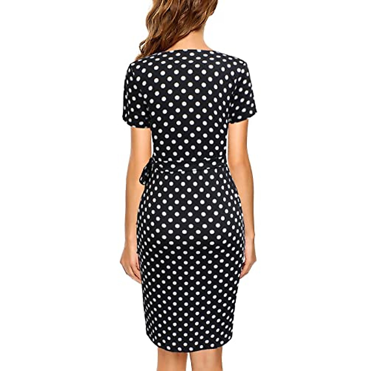 Lyrur Women's Vintage Polka Dot Black Wrap Dresses Knee Length Short Sleeves Sheath V Neck Casual Party Work Dress(L,9069-Black Dot)