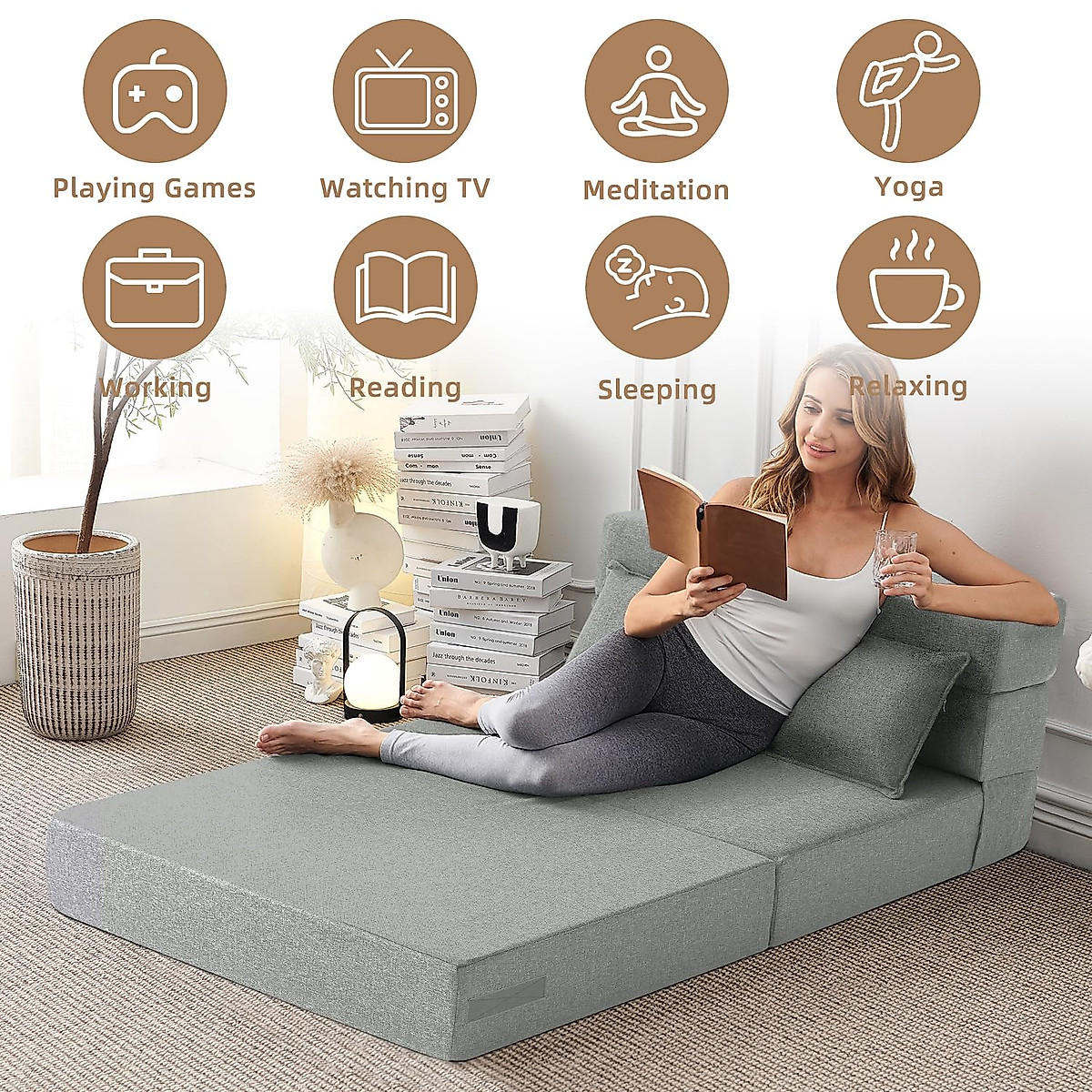 FILUXE Convertible Folding Sofa Bed - Sleeper Chair with Pillow, Modern Linen Fabric Floor & Futon Couch, Foldable Mattress for Living Room/Dorm/Guest/Home Office/Apartment, Standard Size, Light Gray